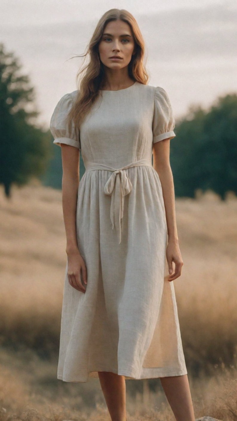 Linen Midi Summer Dress Sewing Pattern, Gathered Dress, Puff Sleeve ...