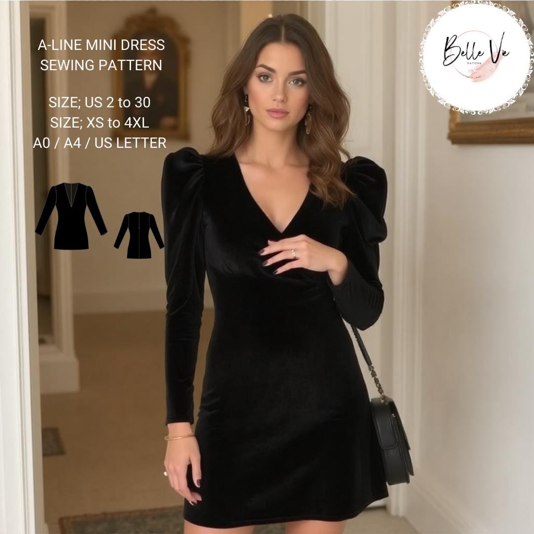 A-line Mini Dress Pattern, V-neck Mini Dress, Evening Dress, Elegant ...