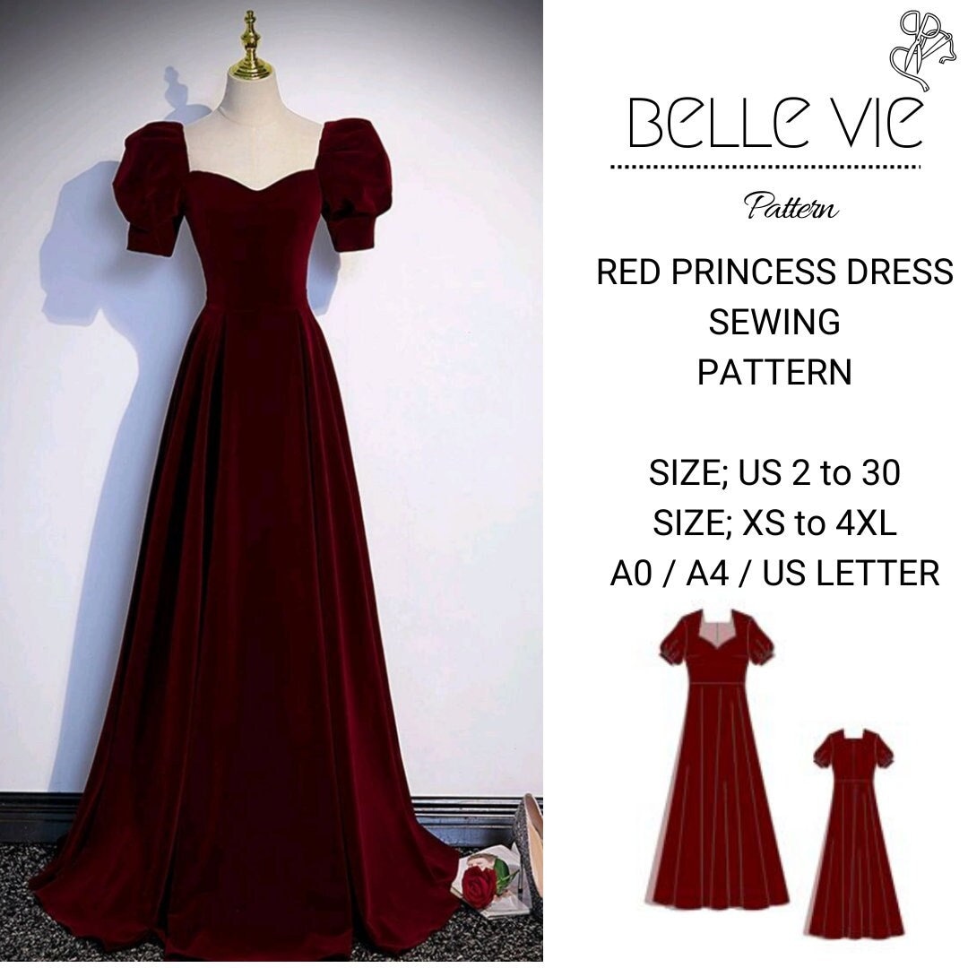 Red Princess Dress Sewing Pattern, Maxi Dress, A0-a4-letter Sizes; US 2 ...