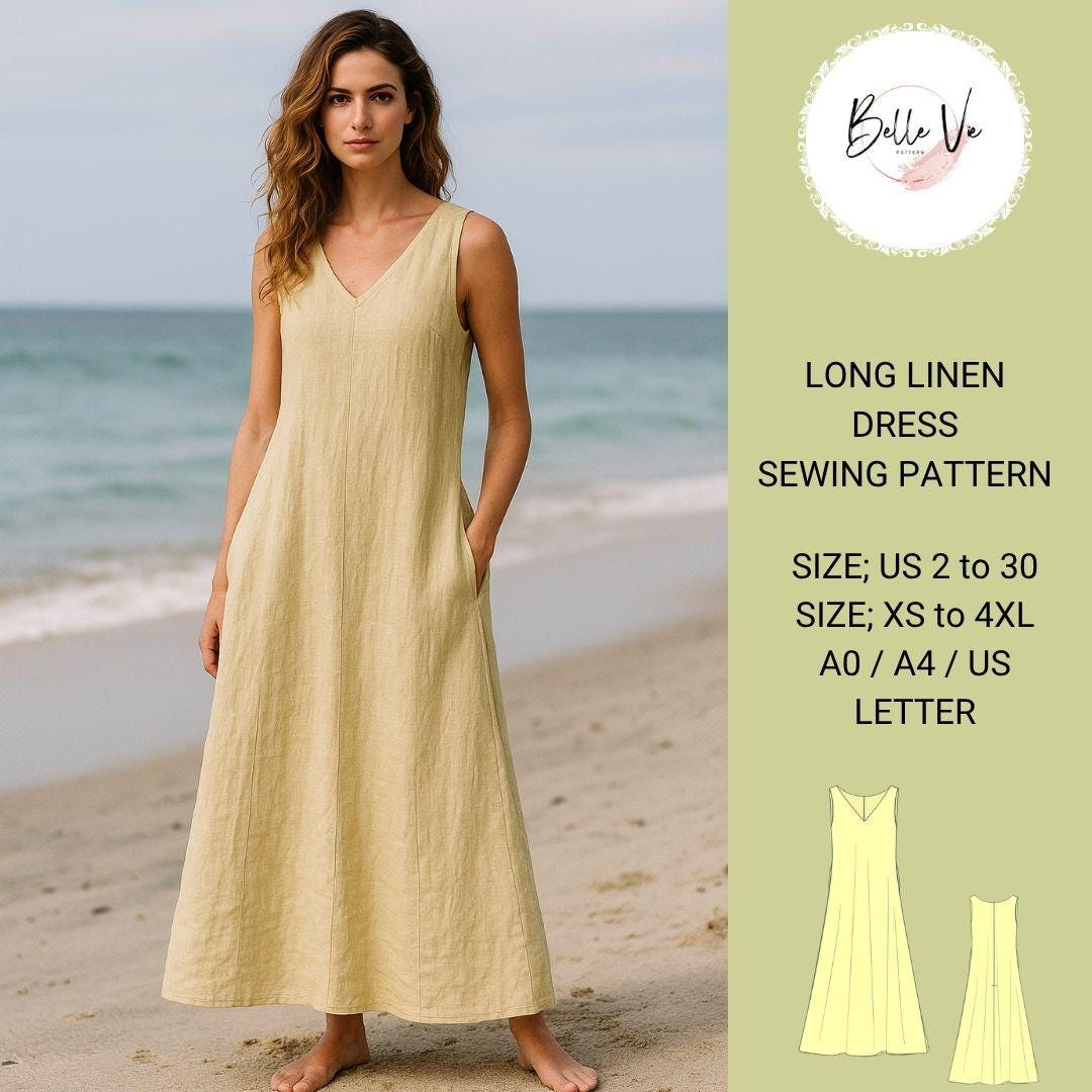 Long Linen V-neck Dress Sewing Pattern, XS-4XL(PDF Pattern) - Etsy