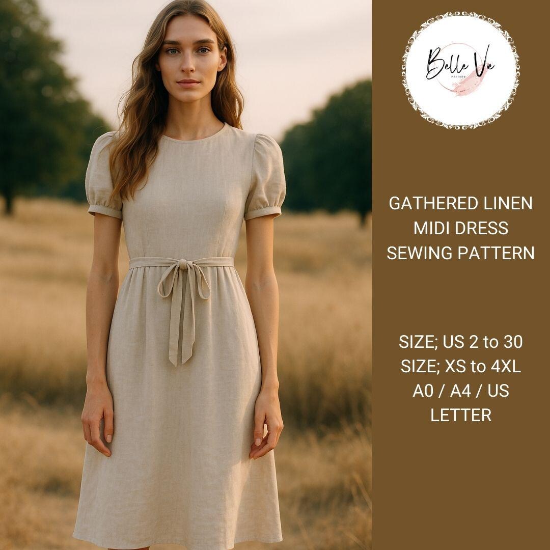 Linen Midi Dress Sewing Pattern, Gathered Puff Sleeve(pdf) - Etsy