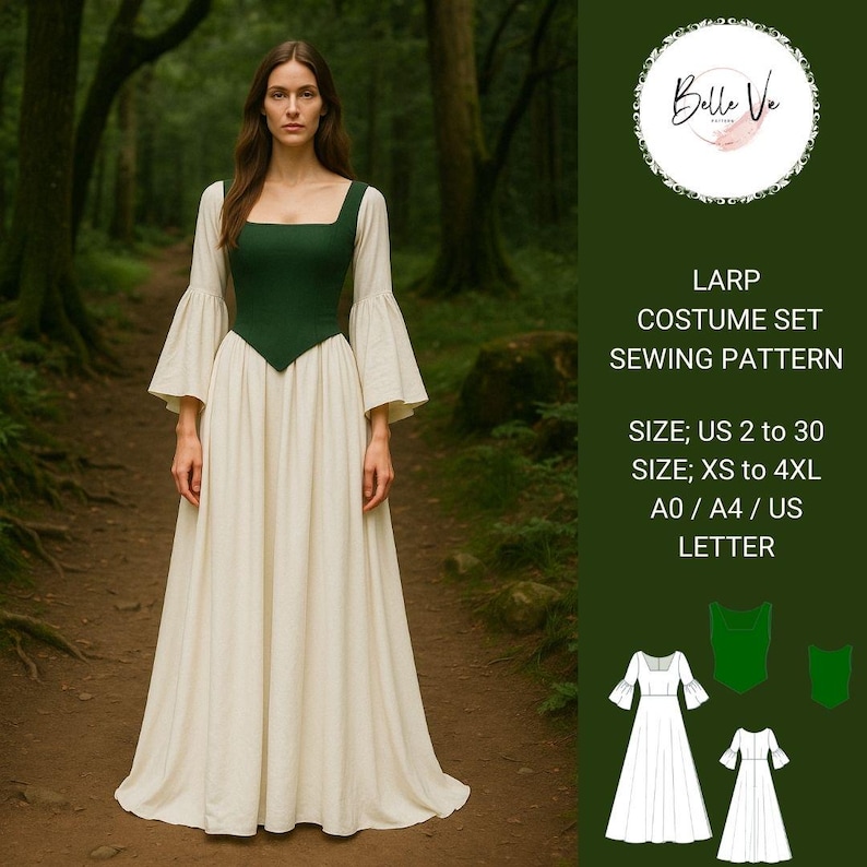 Larp Costume Sewing Pattern: Medieval Dress, Corset Set (A0, A4, US ...