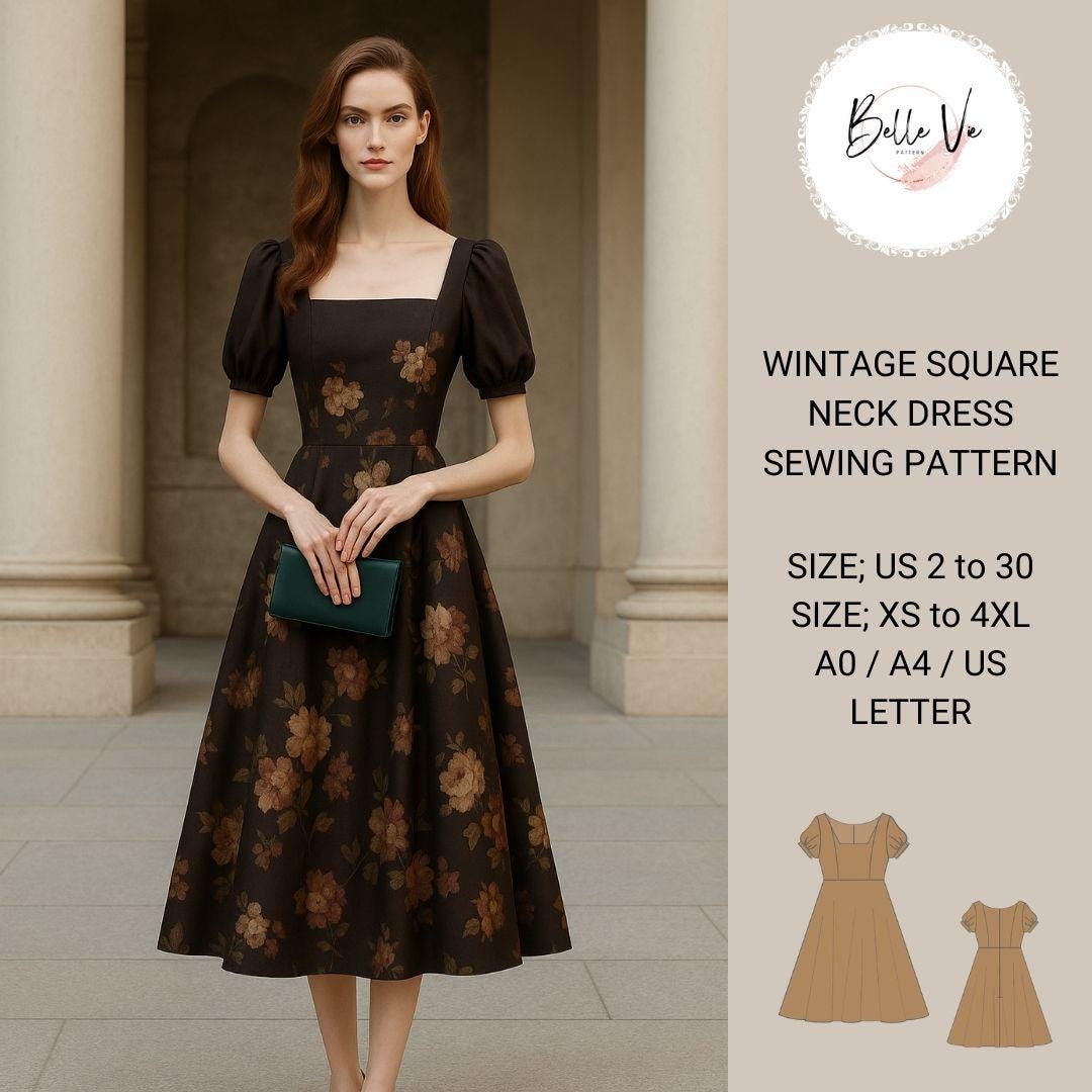 Vintage Square Neck Dress Sewing Pattern: Evening, Prom Dress (A4/US ...