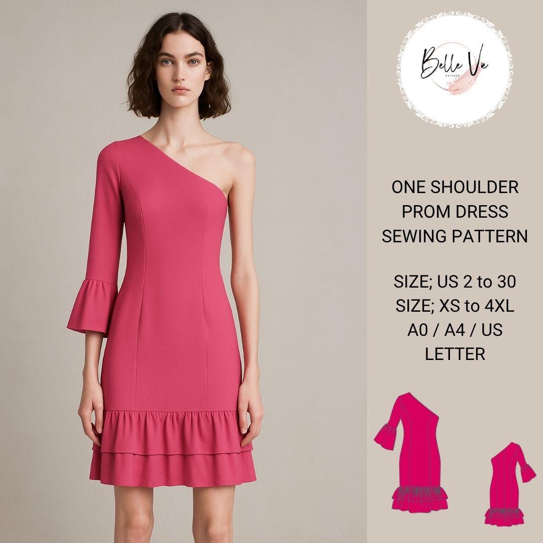 One Shoulder Prom Dress Sewing Pattern: Frill Skirt (XS-4XL)(PDF ...