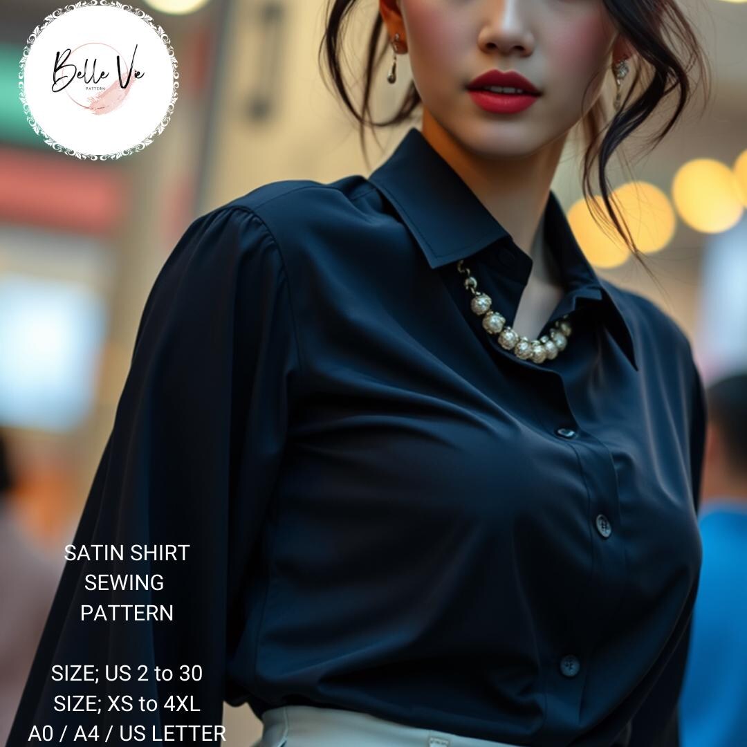 Women's Satin Shirt Sewing Pattern, Classic Collar Satin Shirt, Puff ...