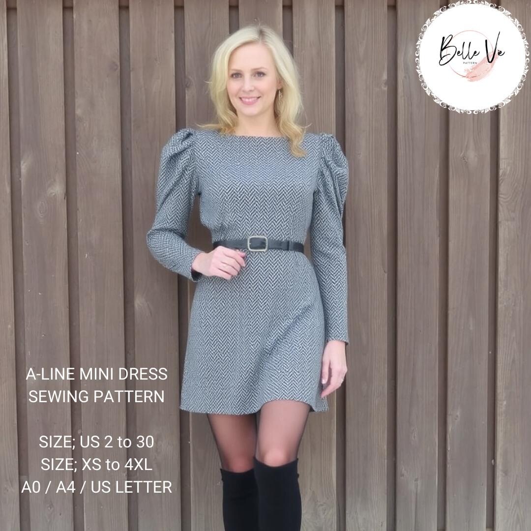 A-line Mini Dress Pattern, Boat Neck Dress, Mini Dress, Long Sleeve ...