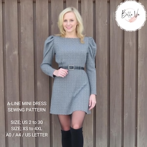 A-line Mini Dress Pattern, Boat Neck Dress, Mini Dress, Long Sleeve ...