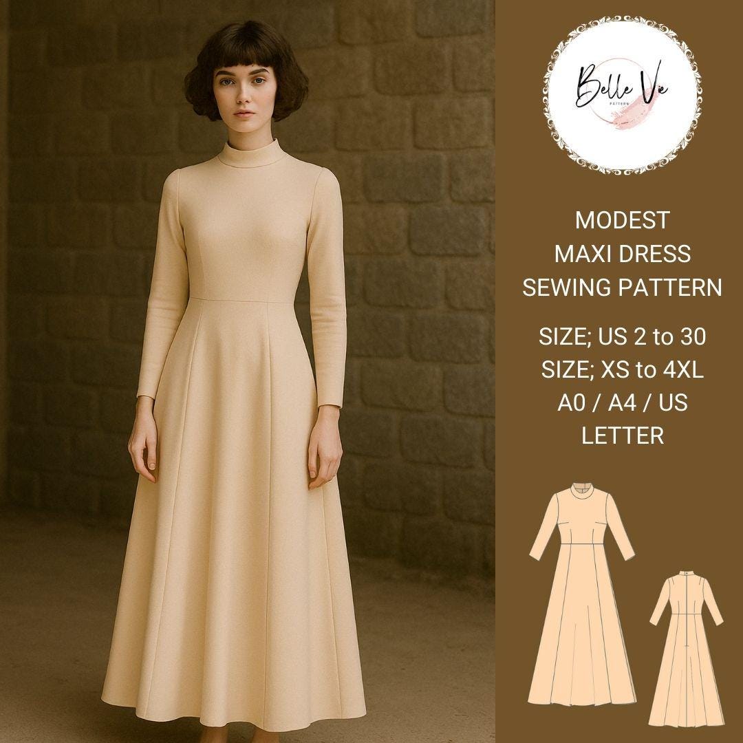 Modest Maxi Dress Sewing Pattern: Celtic Evening Gown (A0, A4-US Letter ...