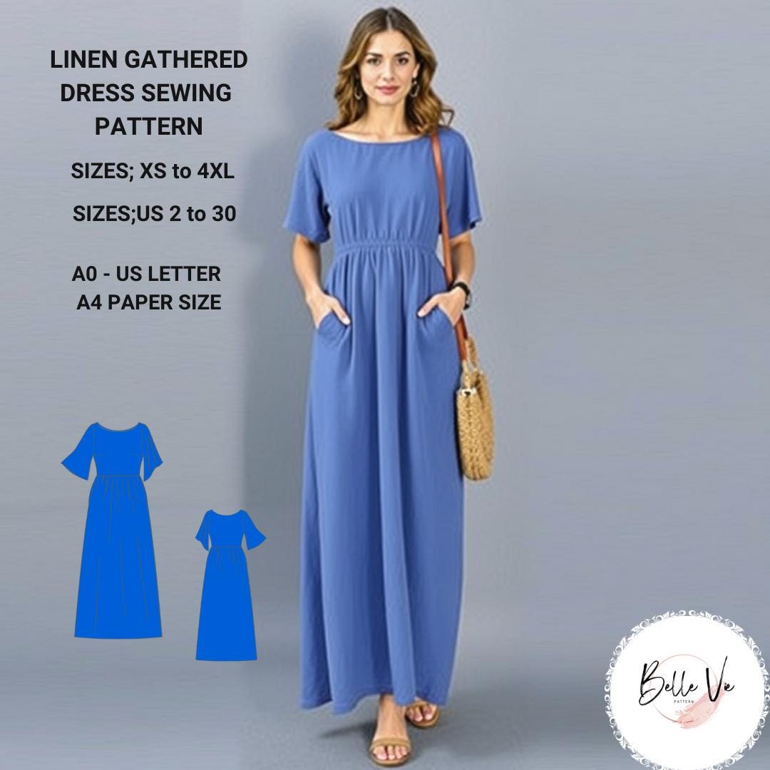 Linen Gathered Dress Sewing Pattern: Empire Waist, Short Sleeves(a0-us ...