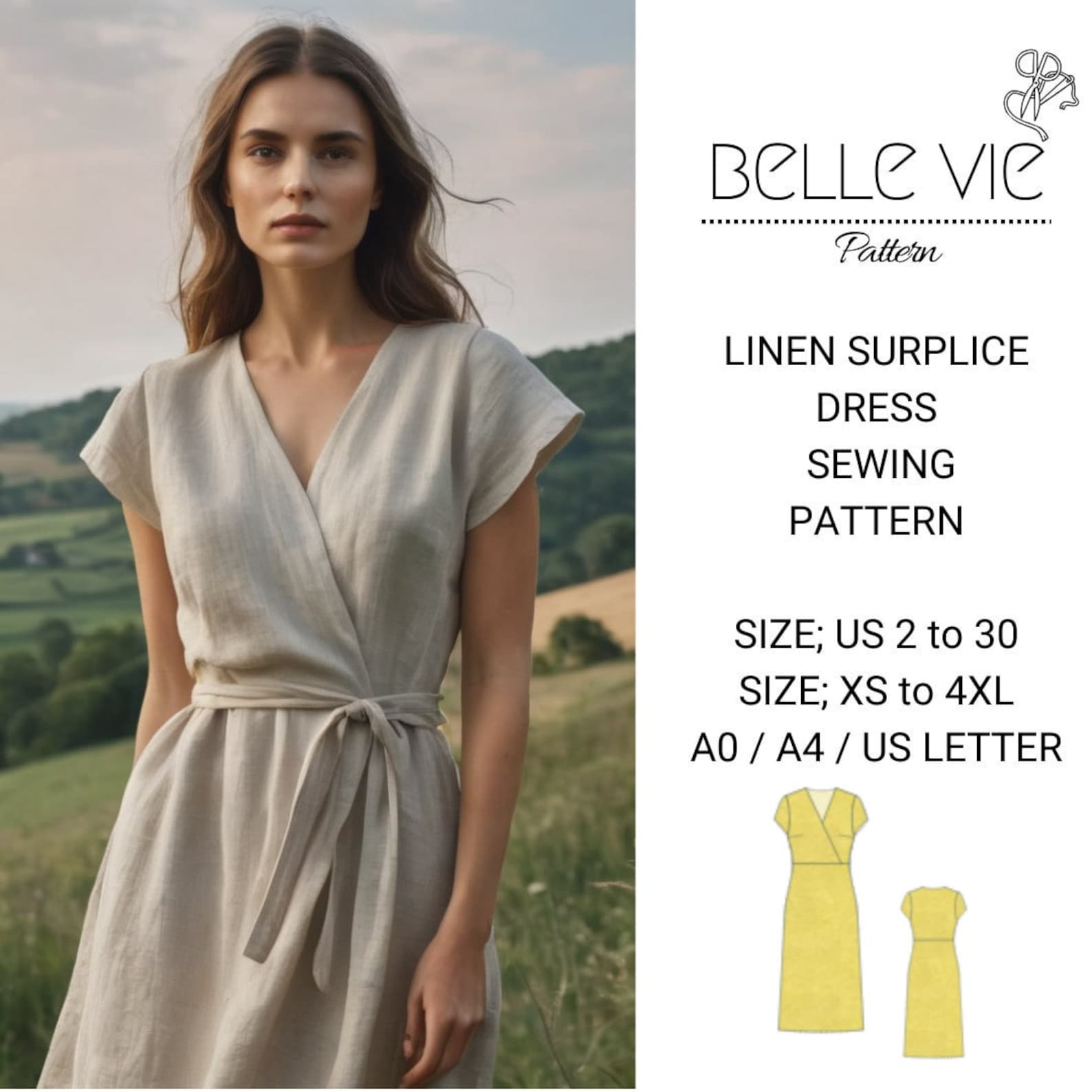 Linen Surplice Dress Sewing Pattern, Cottagecore Dress Sewing Pattern ...