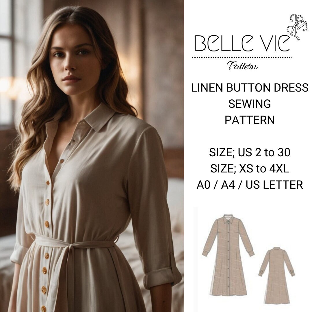 Linen Button Down Dress Sewing Pattern, Cottagecore Dress Sewing ...