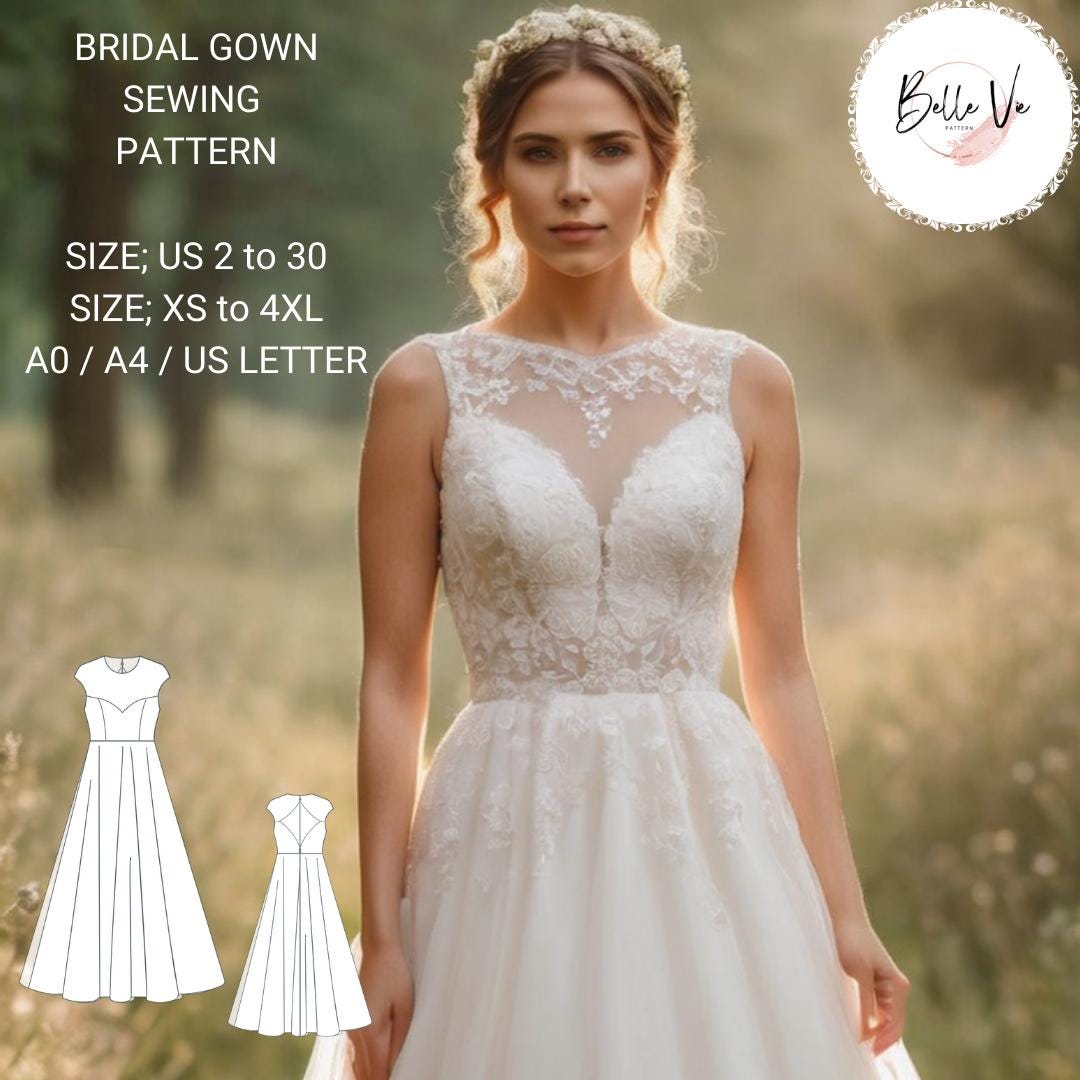 Illusion Neck Bridal Gown Sewing Pattern: Open Back Maxi Dress (A0-A4 ...
