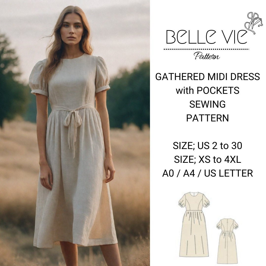 Linen Midi Summer Dress Sewing Pattern, Gathered Dress, Puff Sleeve ...