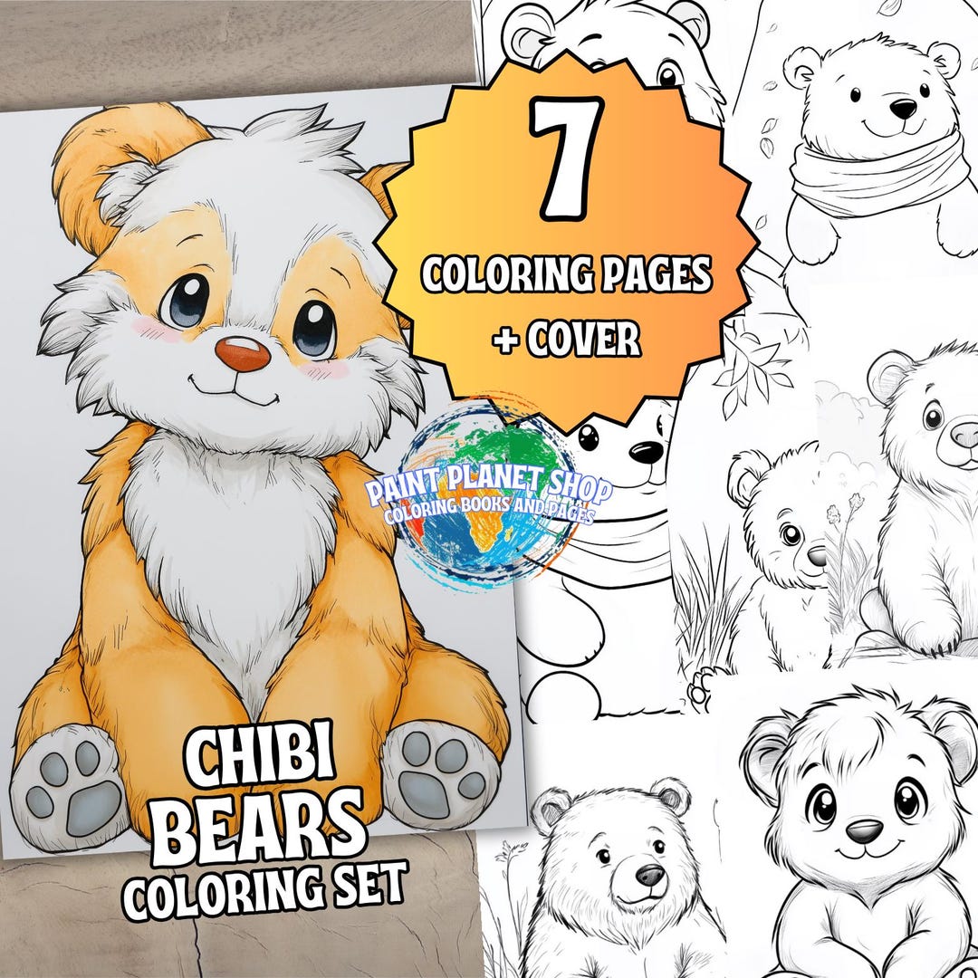 Coloring Set: Chibi Bears, 7 Ausmalseiten, 7 Niedliche Chibi Bären ...