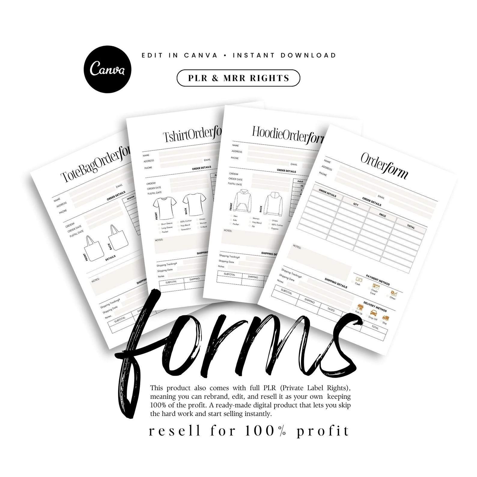 Editable Order Forms Bundle PLR MRR, T Shirt, Hoodie, Invoice Template ...