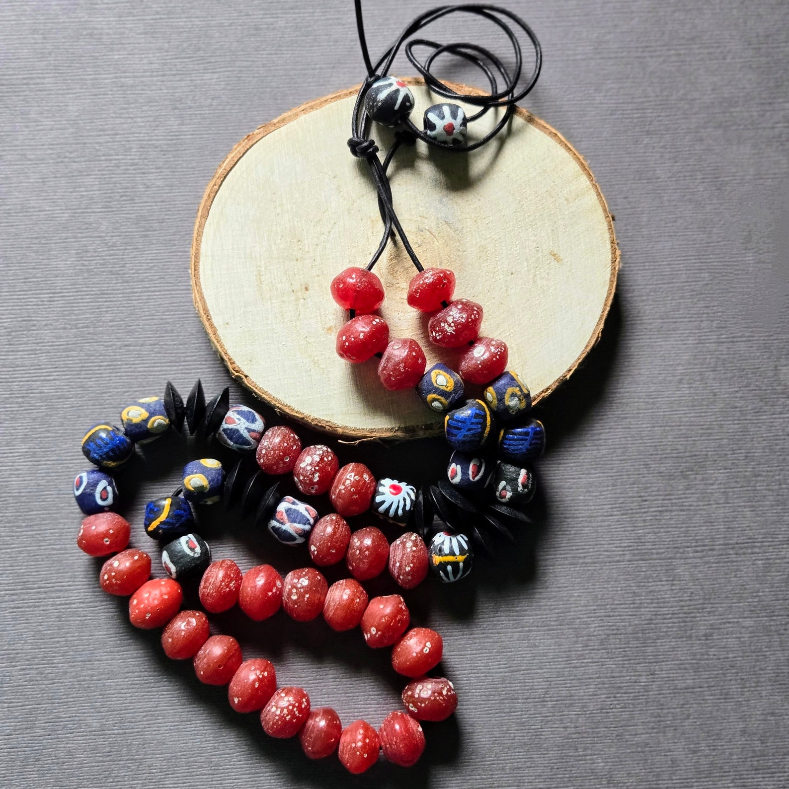 African Beada Necklace, Ghanaian Artisan Beads, Krobo Beads. Red, Black ...