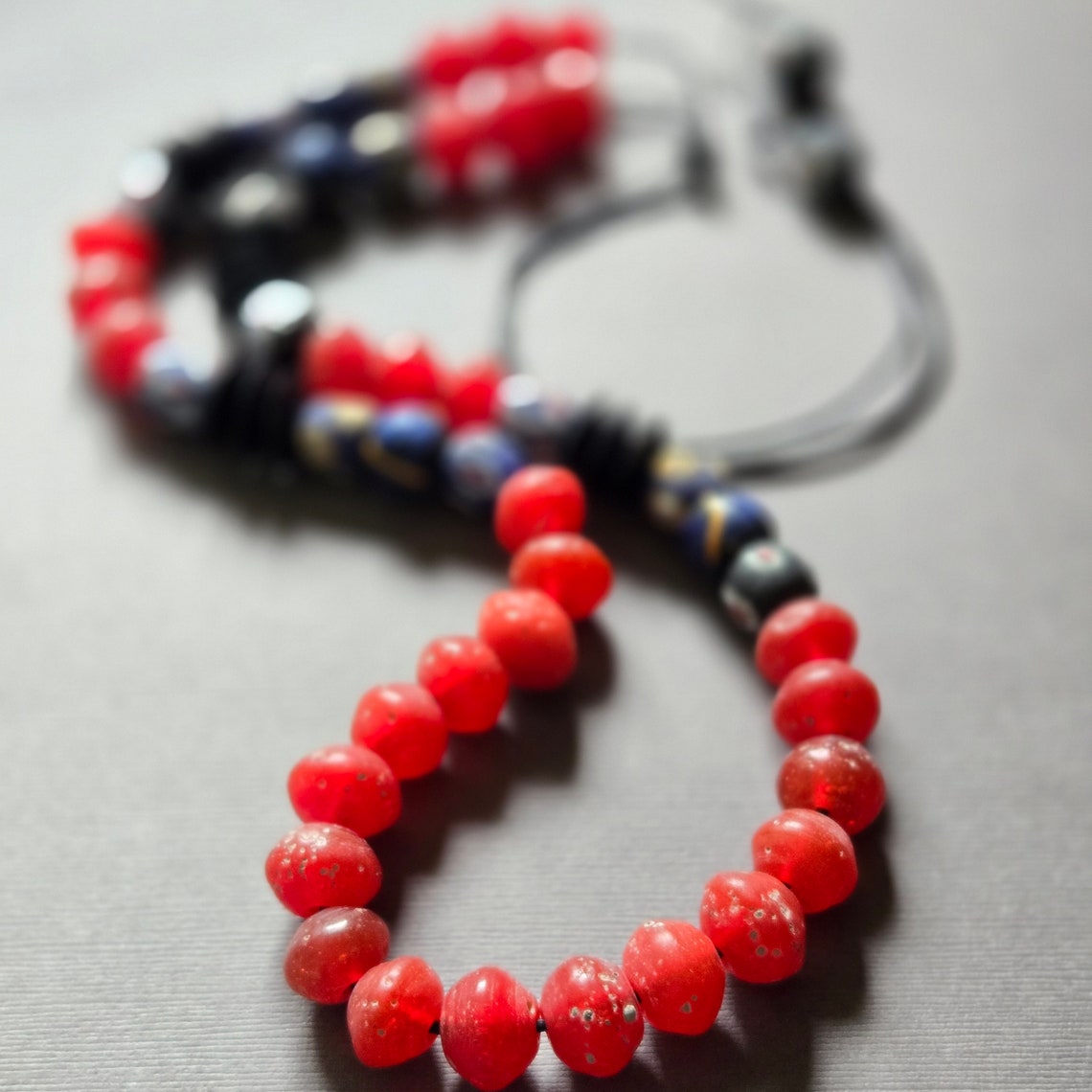 African Beada Necklace, Ghanaian Artisan Beads, Krobo Beads. Red, Black ...