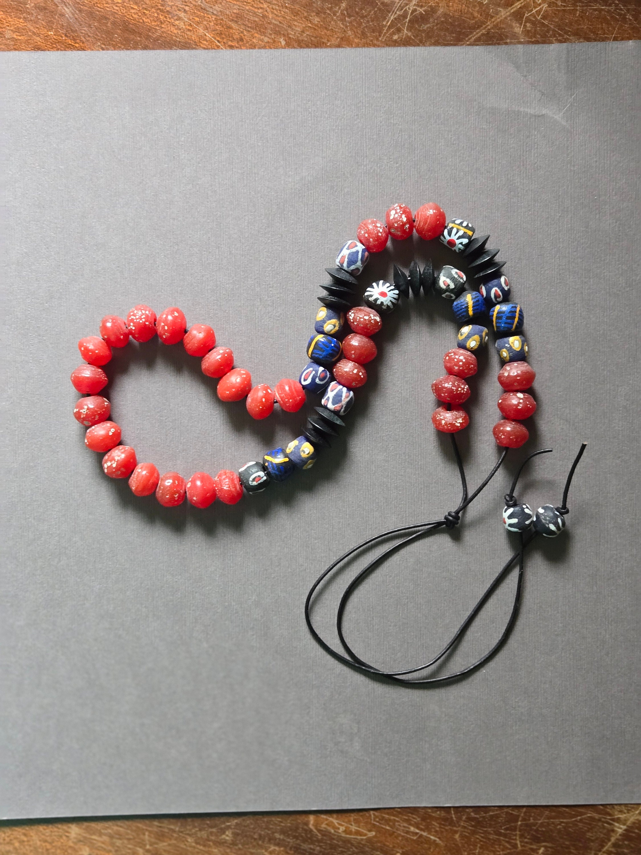 African Beada Necklace, Ghanaian Artisan Beads, Krobo Beads. Red, Black ...