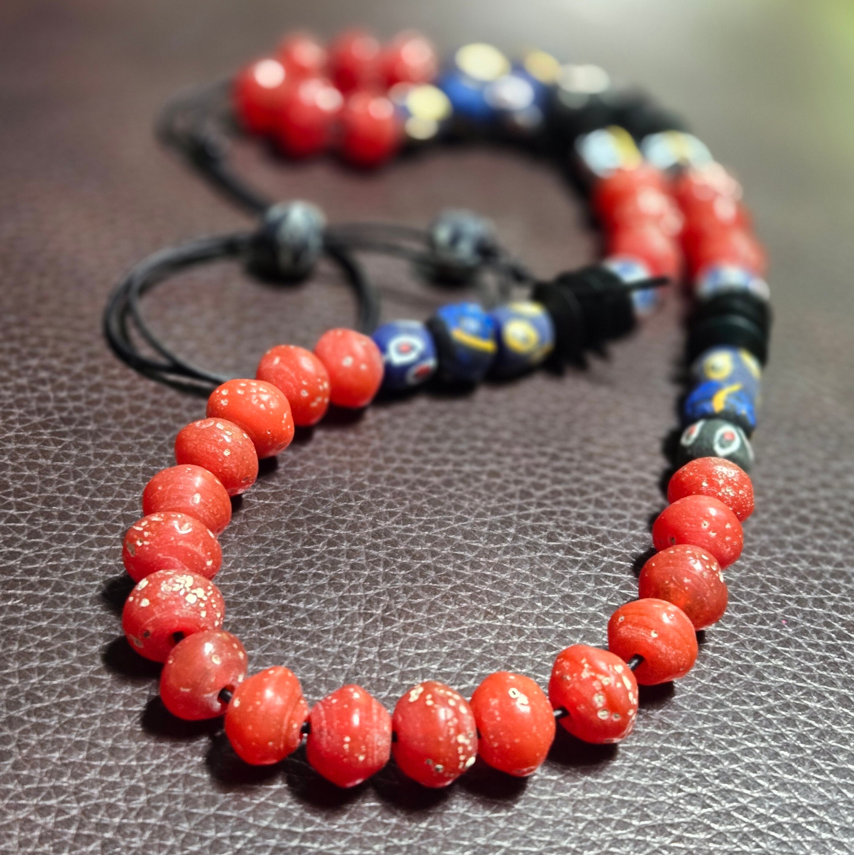 African Beada Necklace, Ghanaian Artisan Beads, Krobo Beads. Red, Black ...