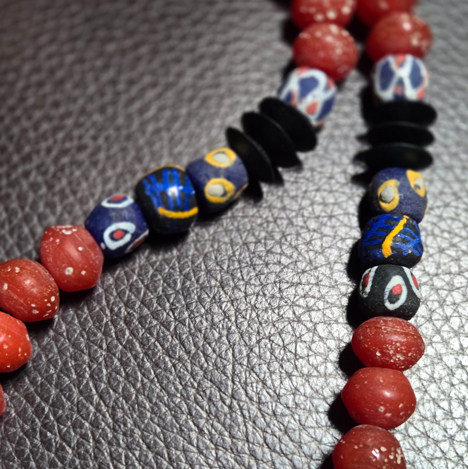 African Beada Necklace, Ghanaian Artisan Beads, Krobo Beads. Red, Black ...
