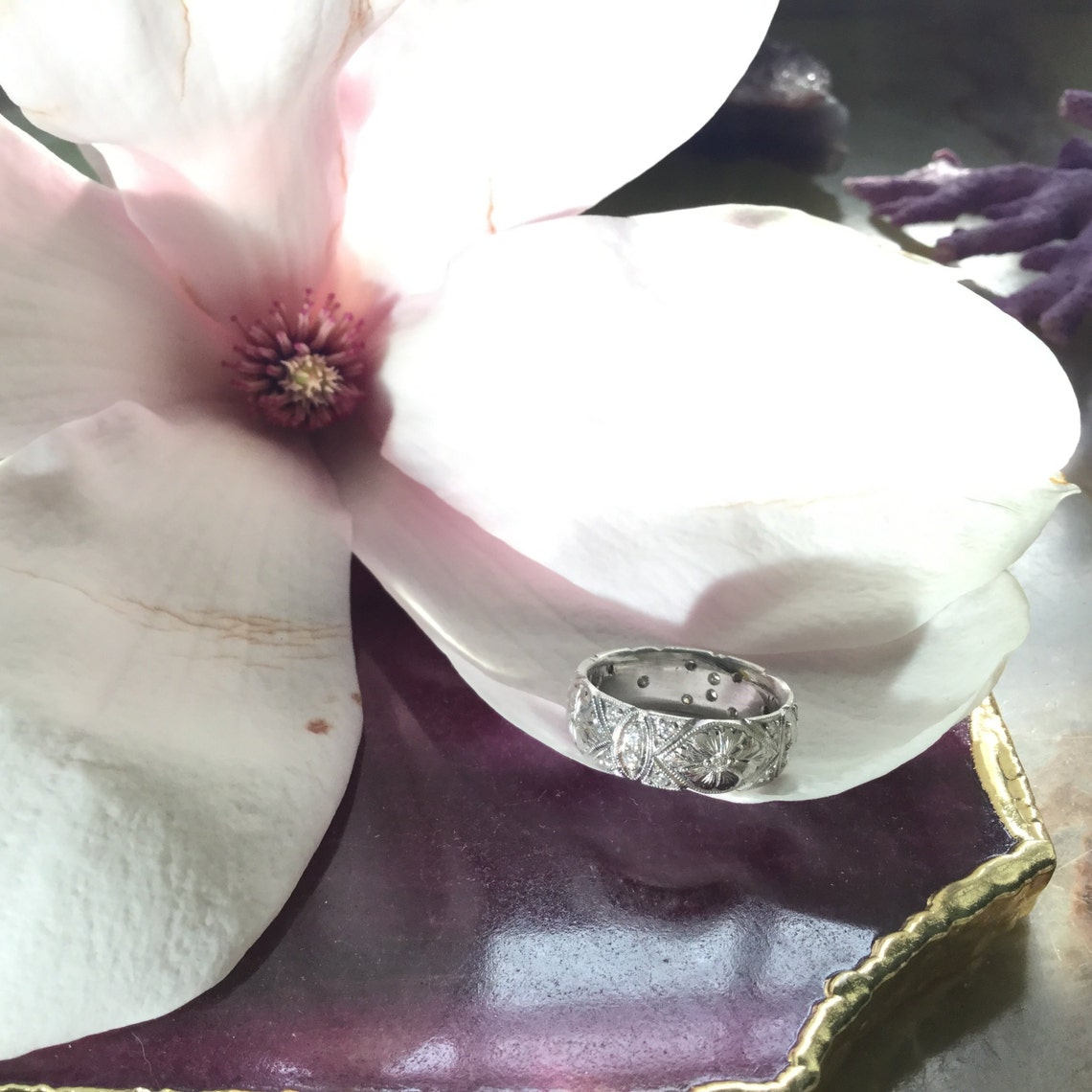 Engraved Wedding Band Cigar Band Ring With Diamonds White Gold - Etsy