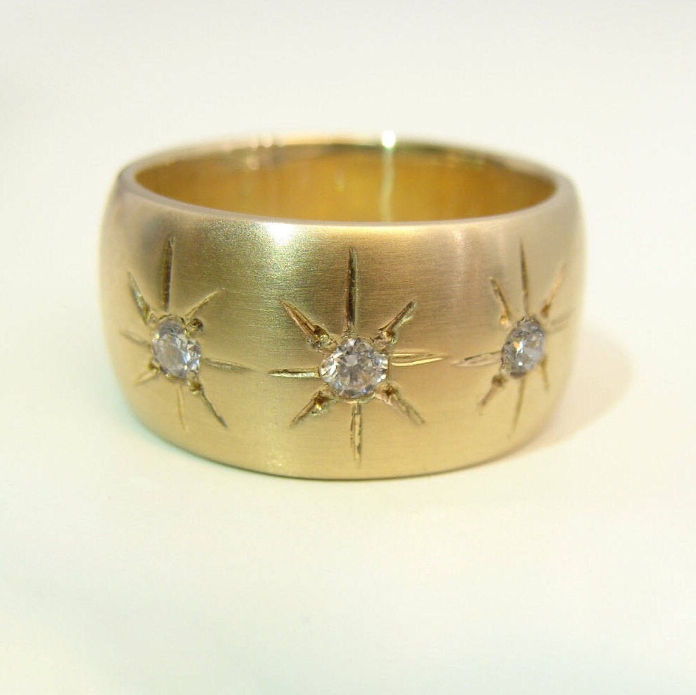 Gold cigar band ring with three diamonds and starburst | Etsy