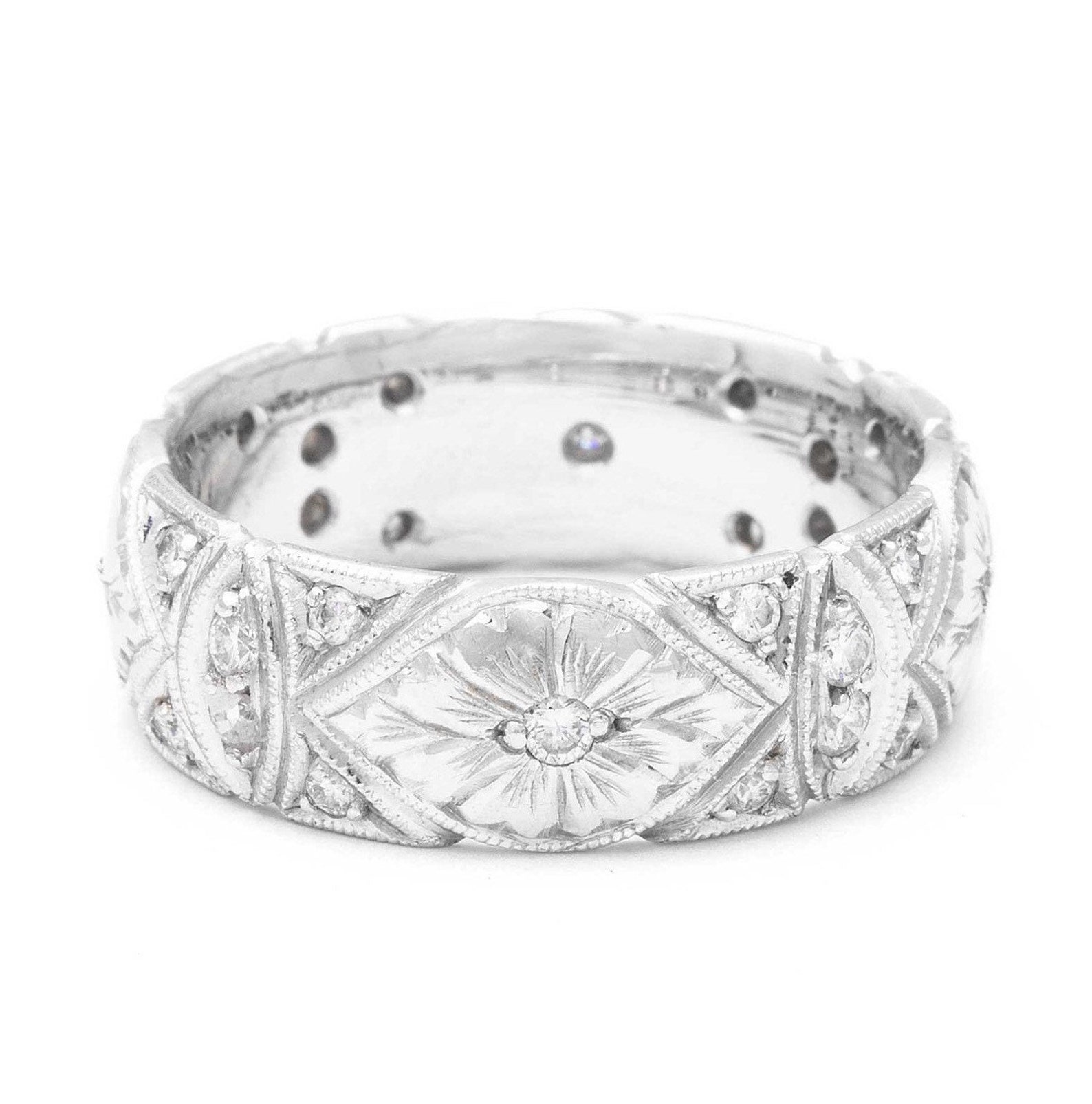 Engraved Wedding Band Cigar Band Ring With Diamonds White Gold - Etsy