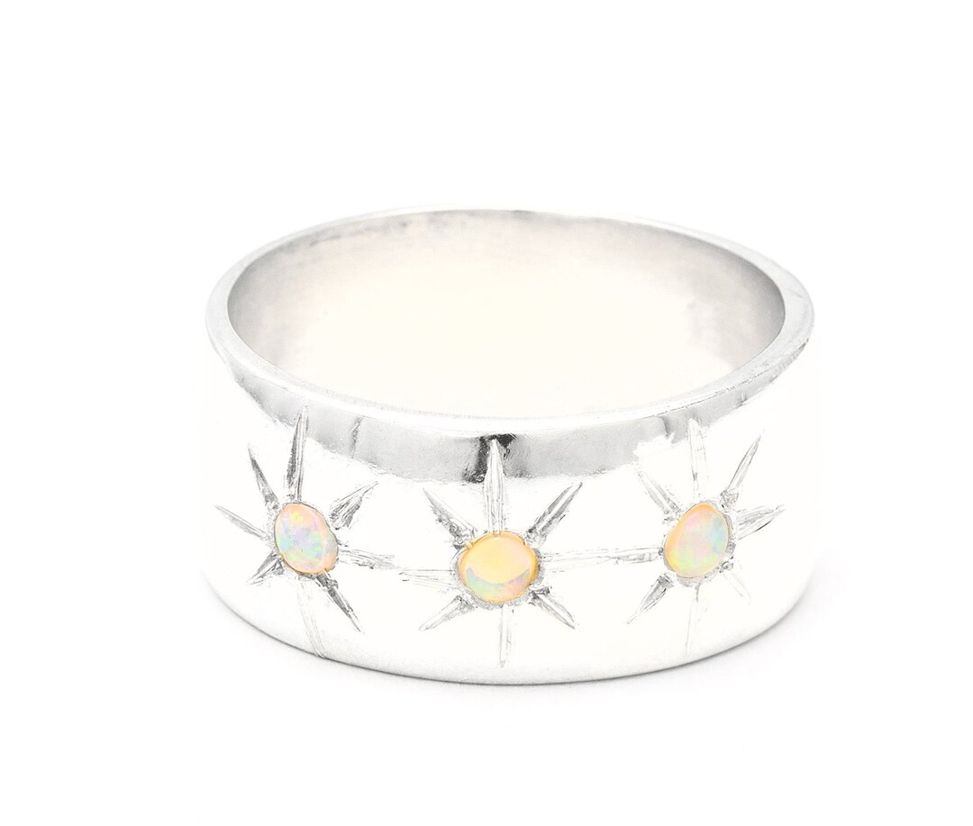 Opal Wide Band Cigar Band Ring, Sterling Silver, Wedding Ring, Ladies ...