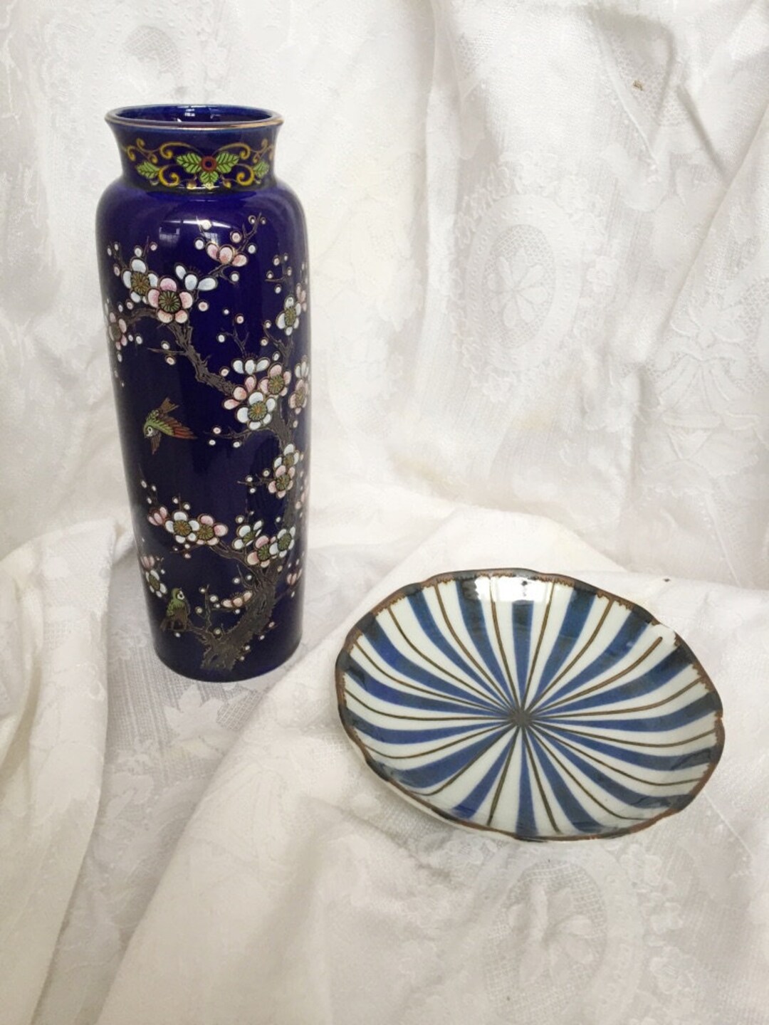 Vintage Mid-centuryjapan Blue Lot- ARTMARK Cherry Blossoms, Birds Vase ...