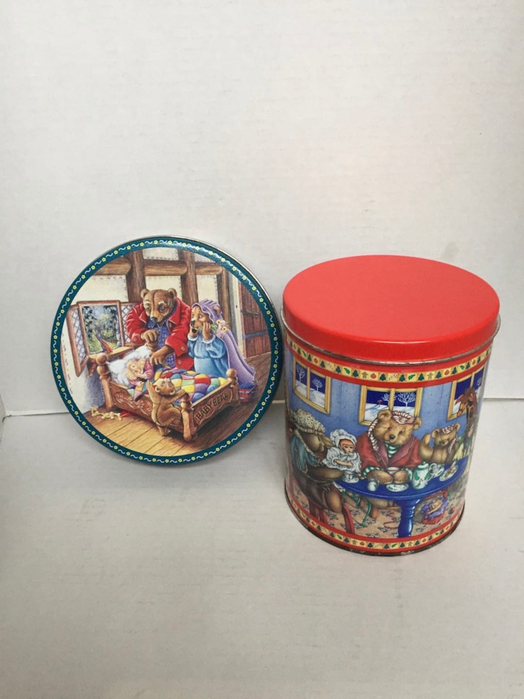 Two Vintage Bear Tin Lot Goldilocks and the Three Bears Cookie Tin and ...