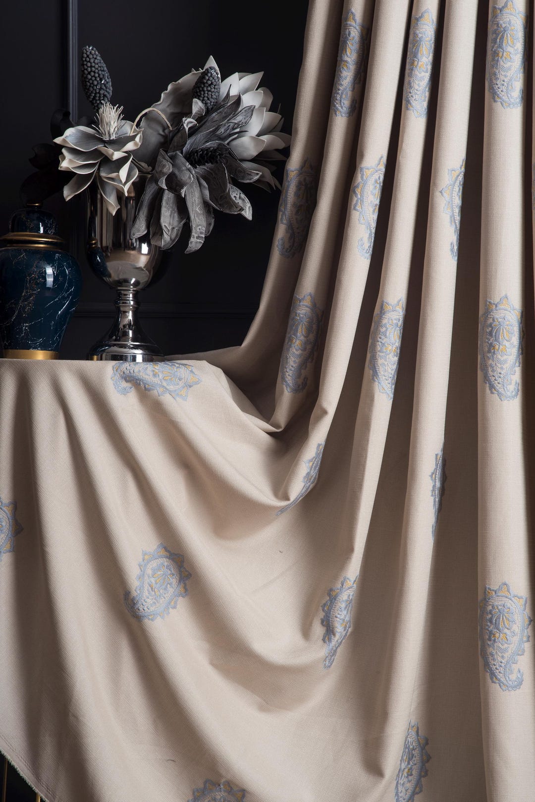 Paisley Embroidered Curtains, Luxury Linen Curtains for Living Room ...