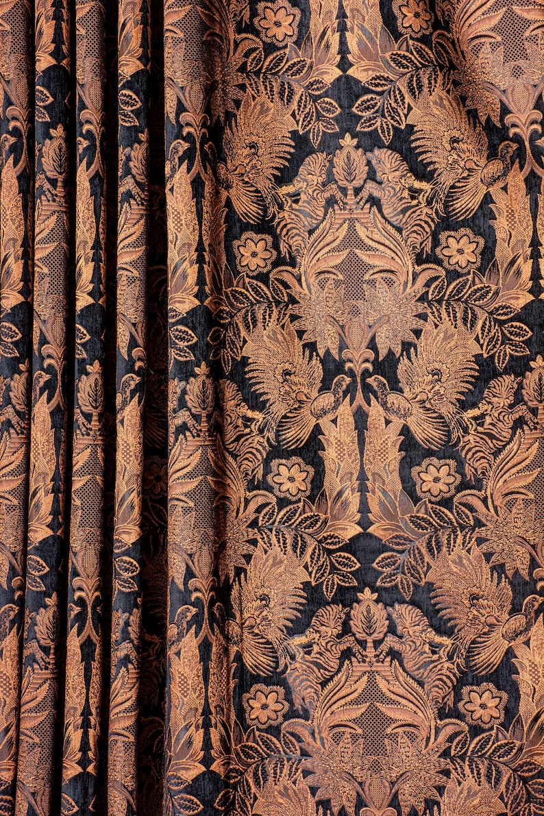 Damask Black Copper Luxury Curtains, Victorian Floral Embroidered ...