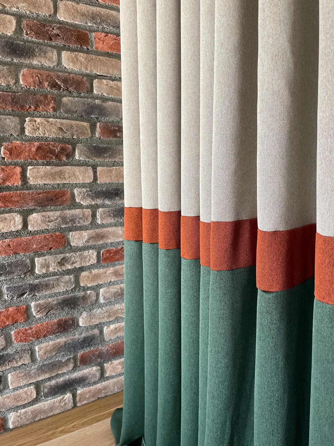 Green White Terracotta Boho Linen Curtains, Luxury Color Block Curtains ...