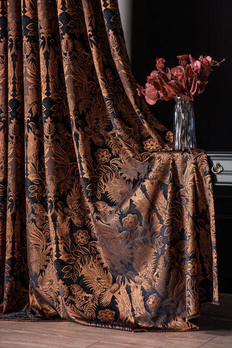 Damask Black Copper Luxury Curtains, Victorian Floral Embroidered ...