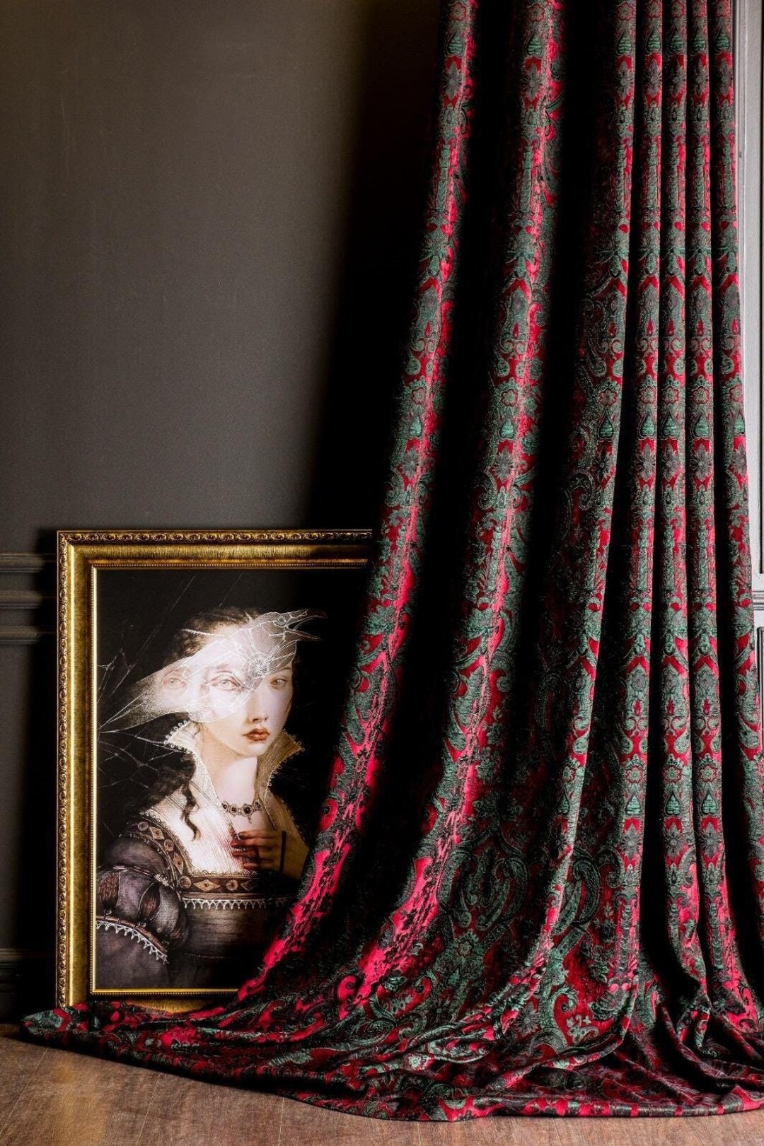 Red Black Victorian Luxury Curtains, Gothic Chenille Damask Drapes, Custom Made Elegant Curtains ...