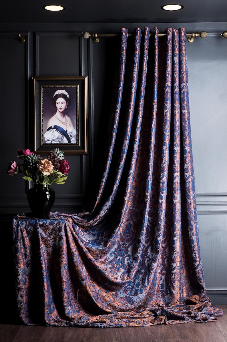 Victorian Navy Blue Damask Curtains, Custom Size Luxury Curtains for ...