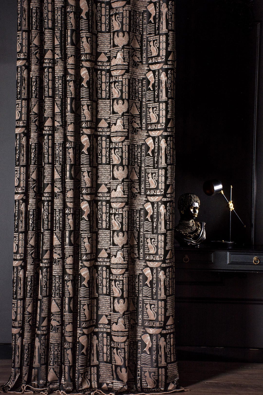 Egyptian Black Gold Curtains, Luxury Satin Curtains, Embroidered ...