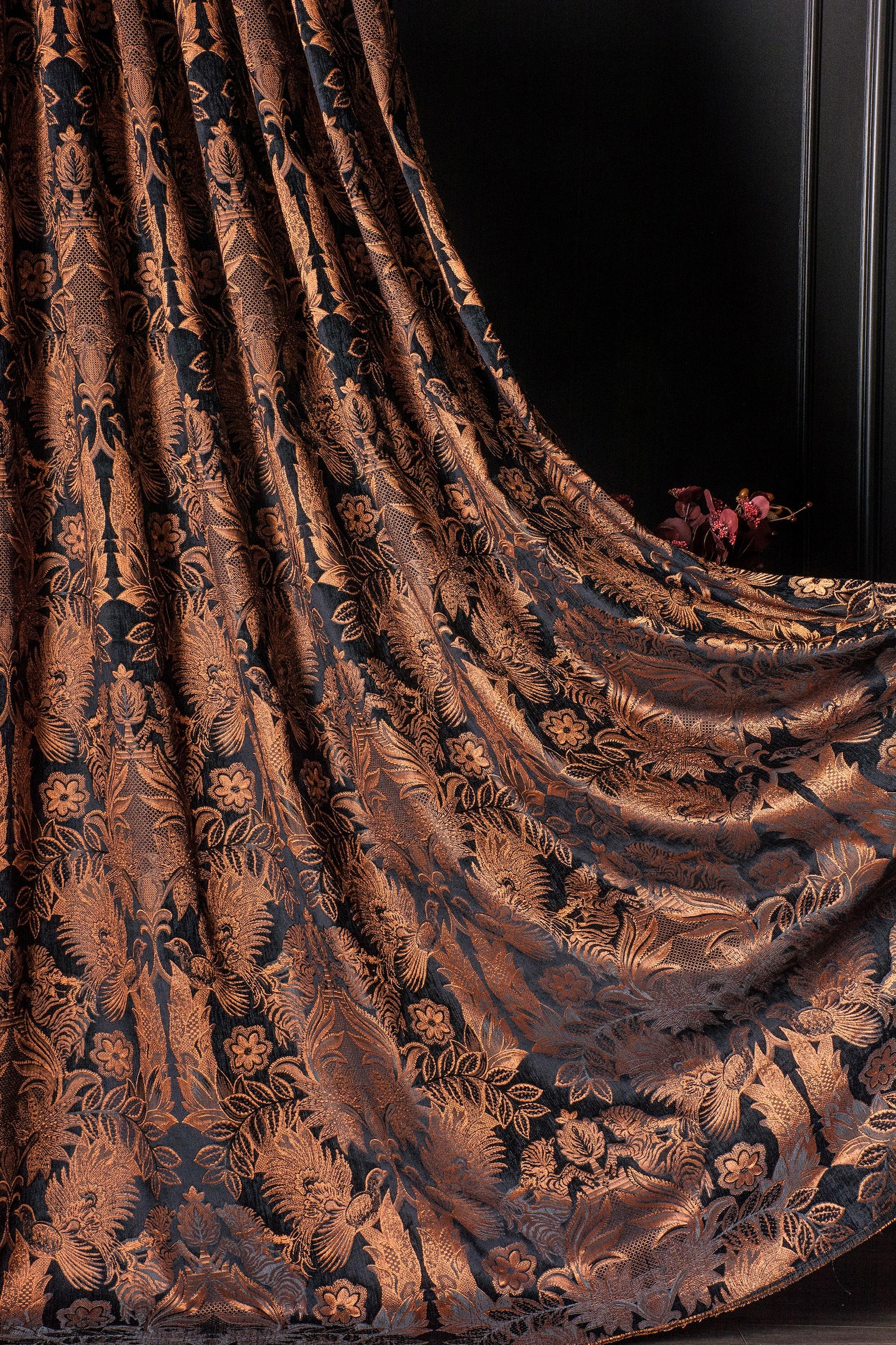 Damask Black Copper Luxury Curtains, Victorian Floral Embroidered ...