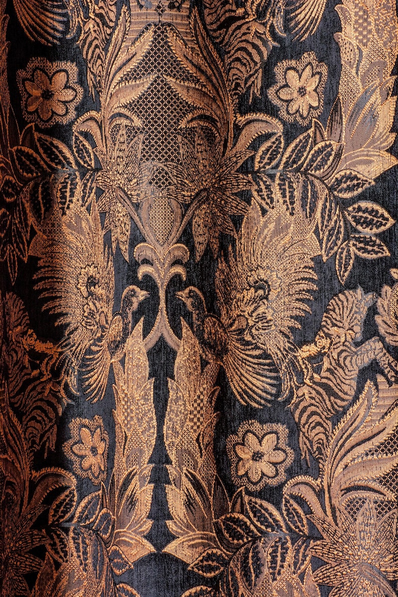 Damask Black Copper Luxury Curtains, Victorian Floral Embroidered ...