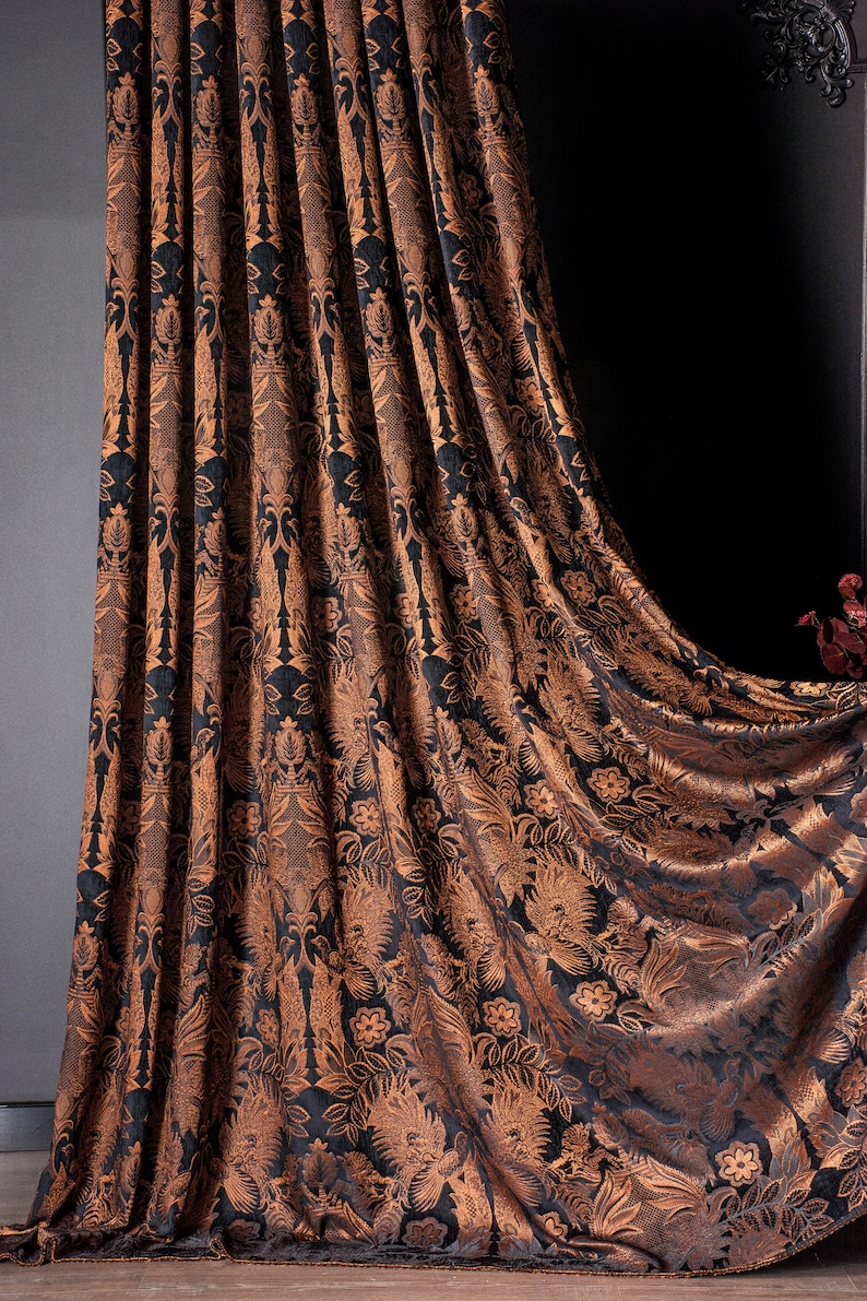 Damask Black Copper Luxury Curtains, Victorian Floral Embroidered ...