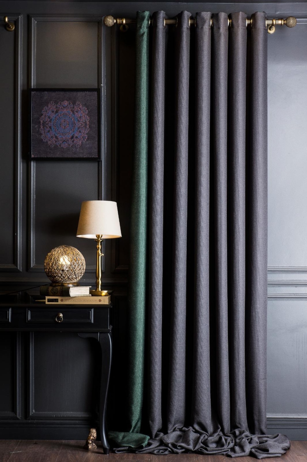 Green Customize Color Block Linen Curtains, Luxury Multicolor Curtains ...