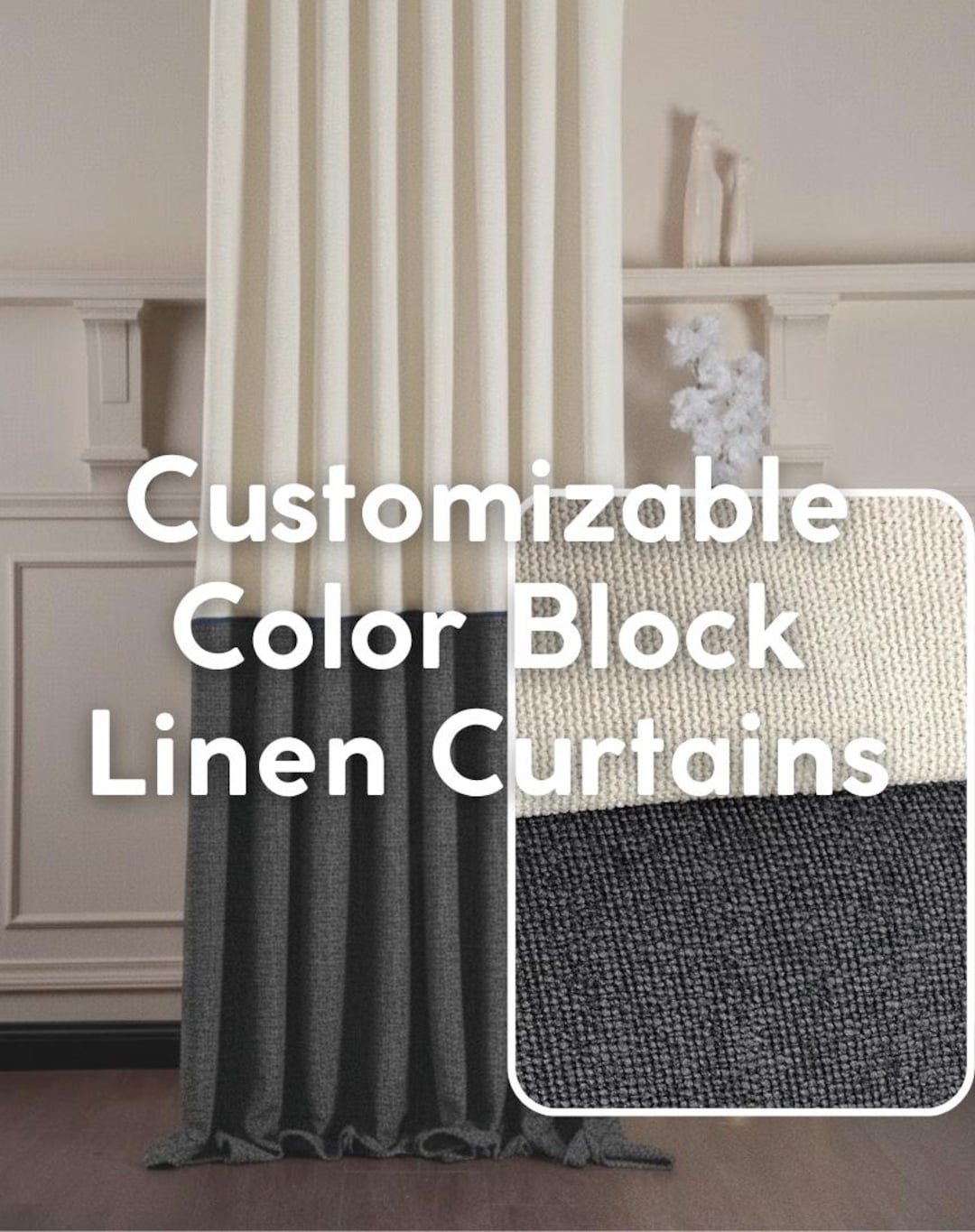 Customizable Color Block Linen Curtains, Two Tone Curtains, Green Pink ...