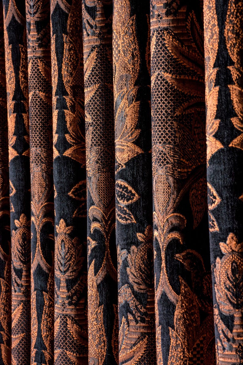 Damask Black Copper Luxury Curtains, Victorian Floral Embroidered ...