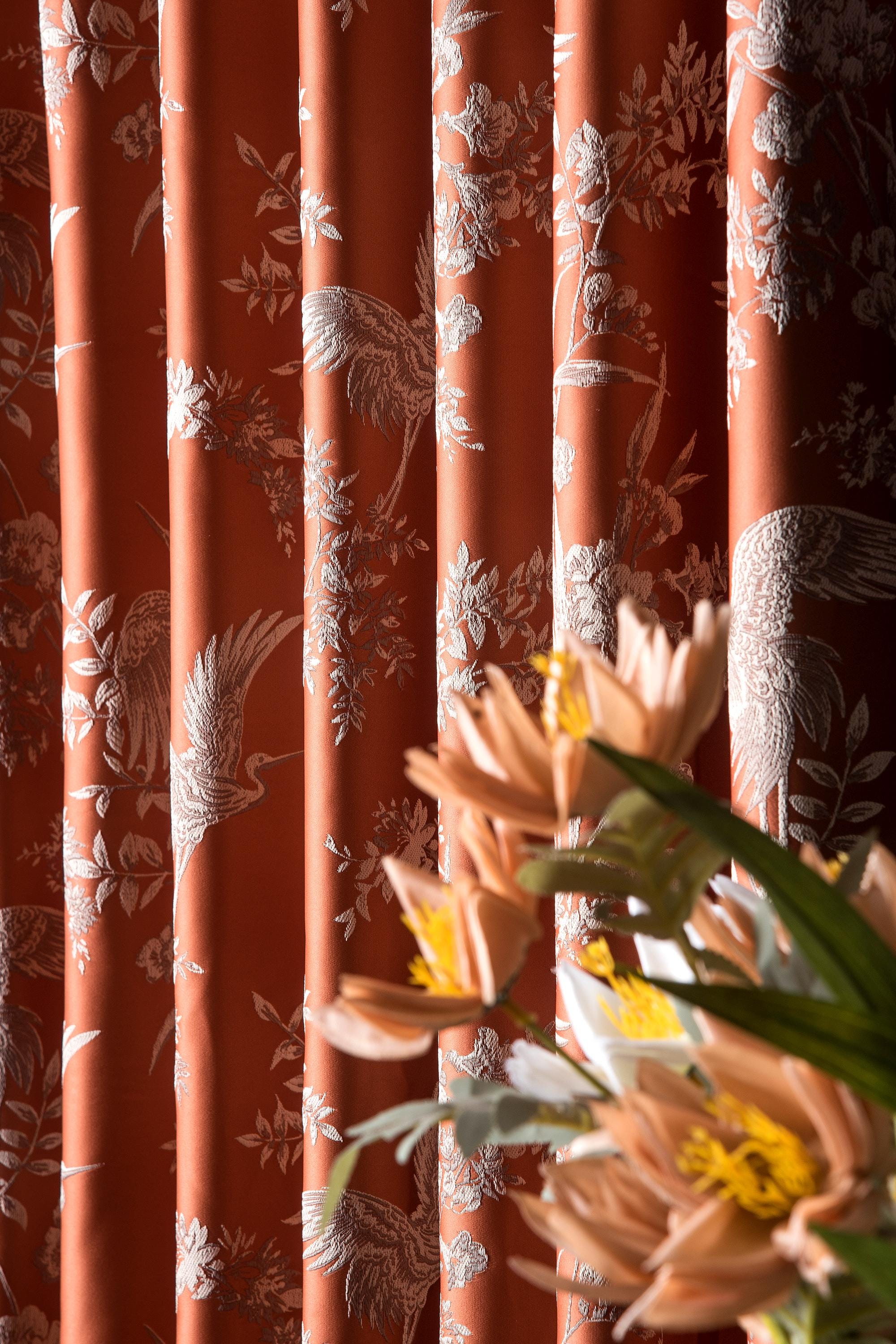 Terracotta Embroidered Crane Bird Curtains, Custom Size Curtains 6 ...
