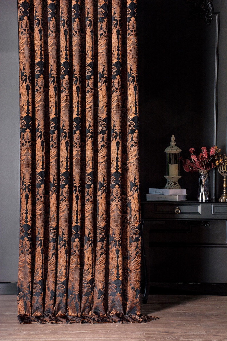 Damask Black Copper Luxury Curtains, Victorian Floral Embroidered ...