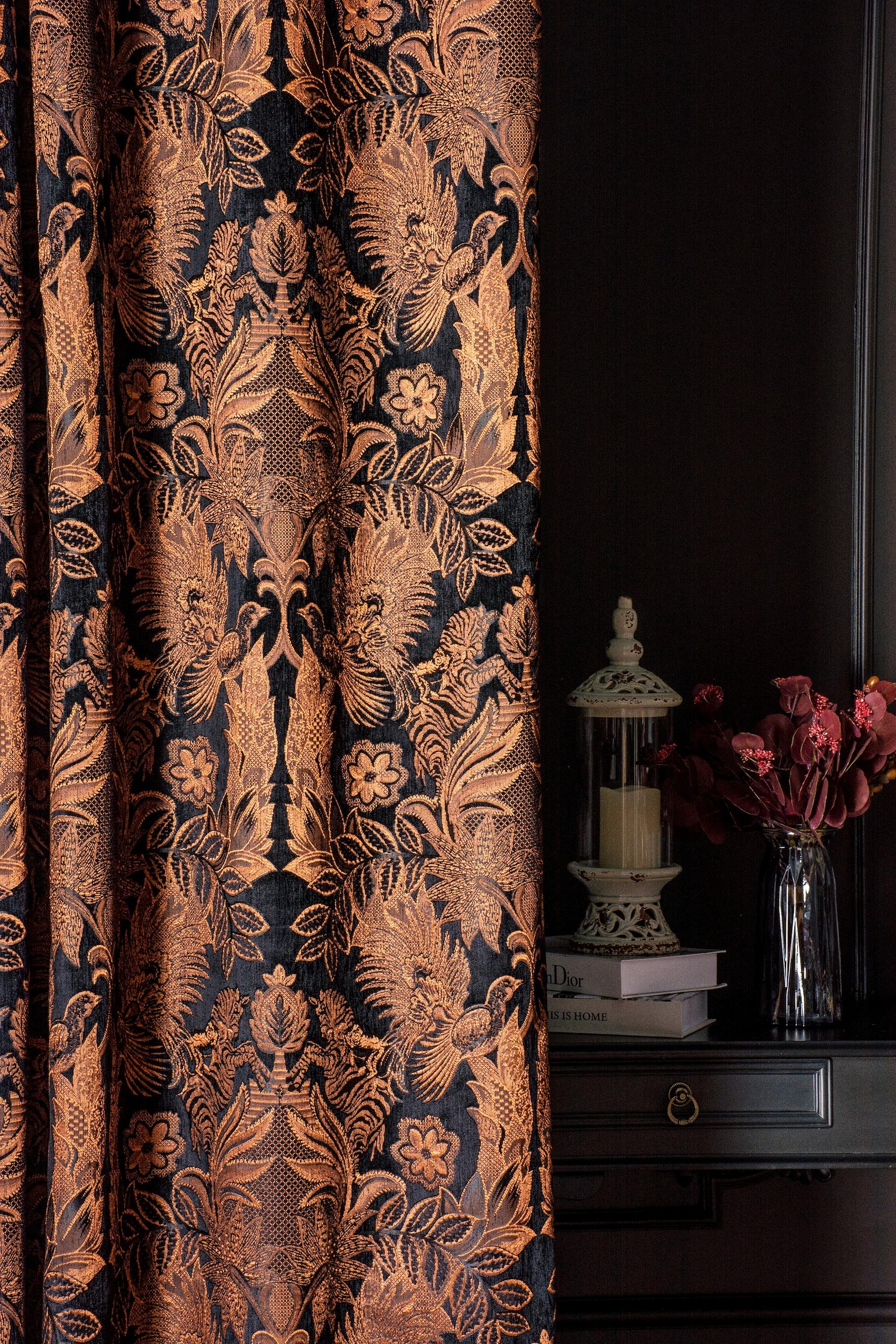 Damask Black Copper Luxury Curtains, Victorian Floral Embroidered ...