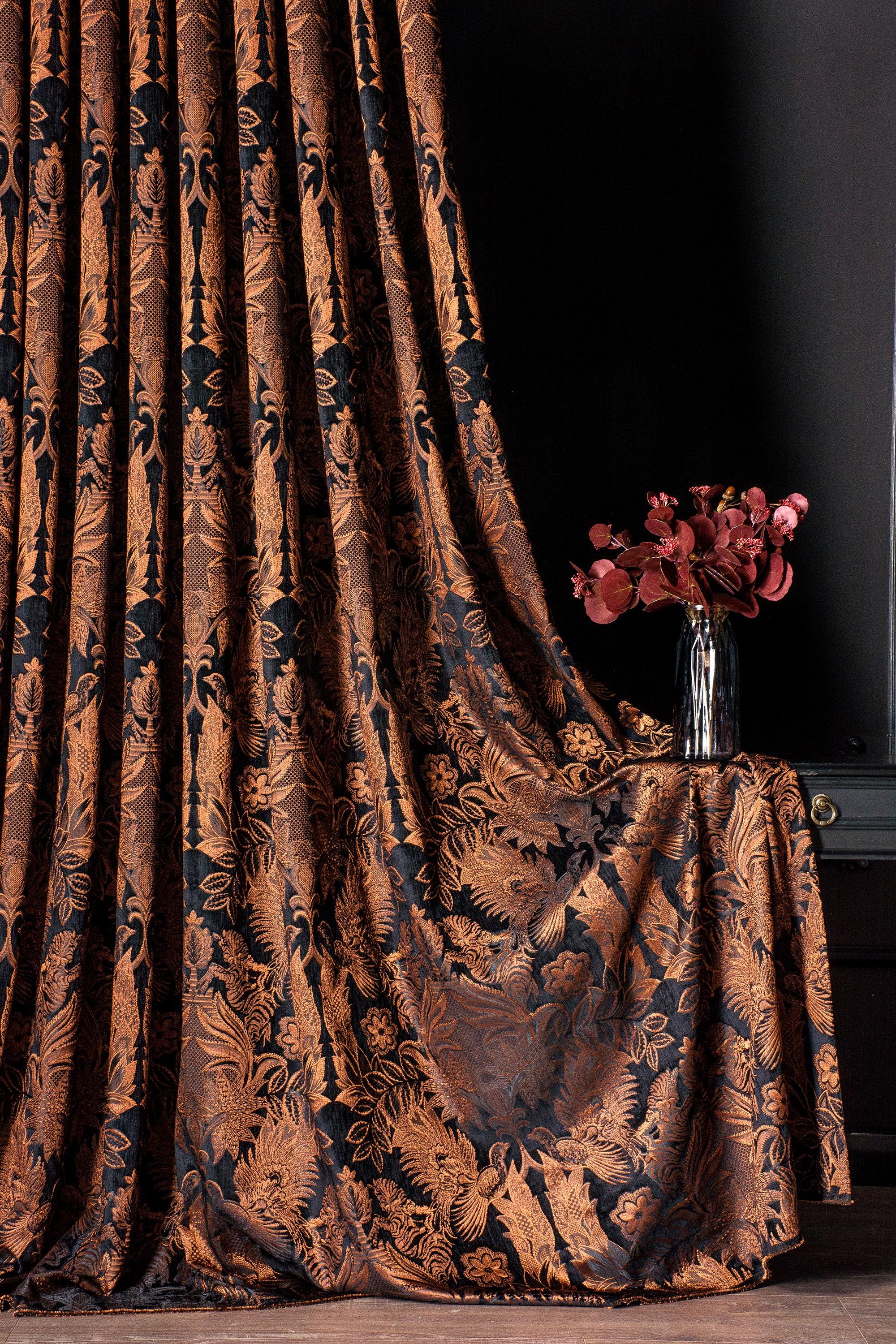 Damask Black Copper Luxury Curtains, Victorian Floral Embroidered ...