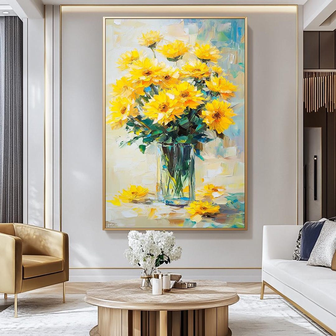 Gold Chrysanthemum Painting: Modern Floral Still Life Canvas Art Yellow ...