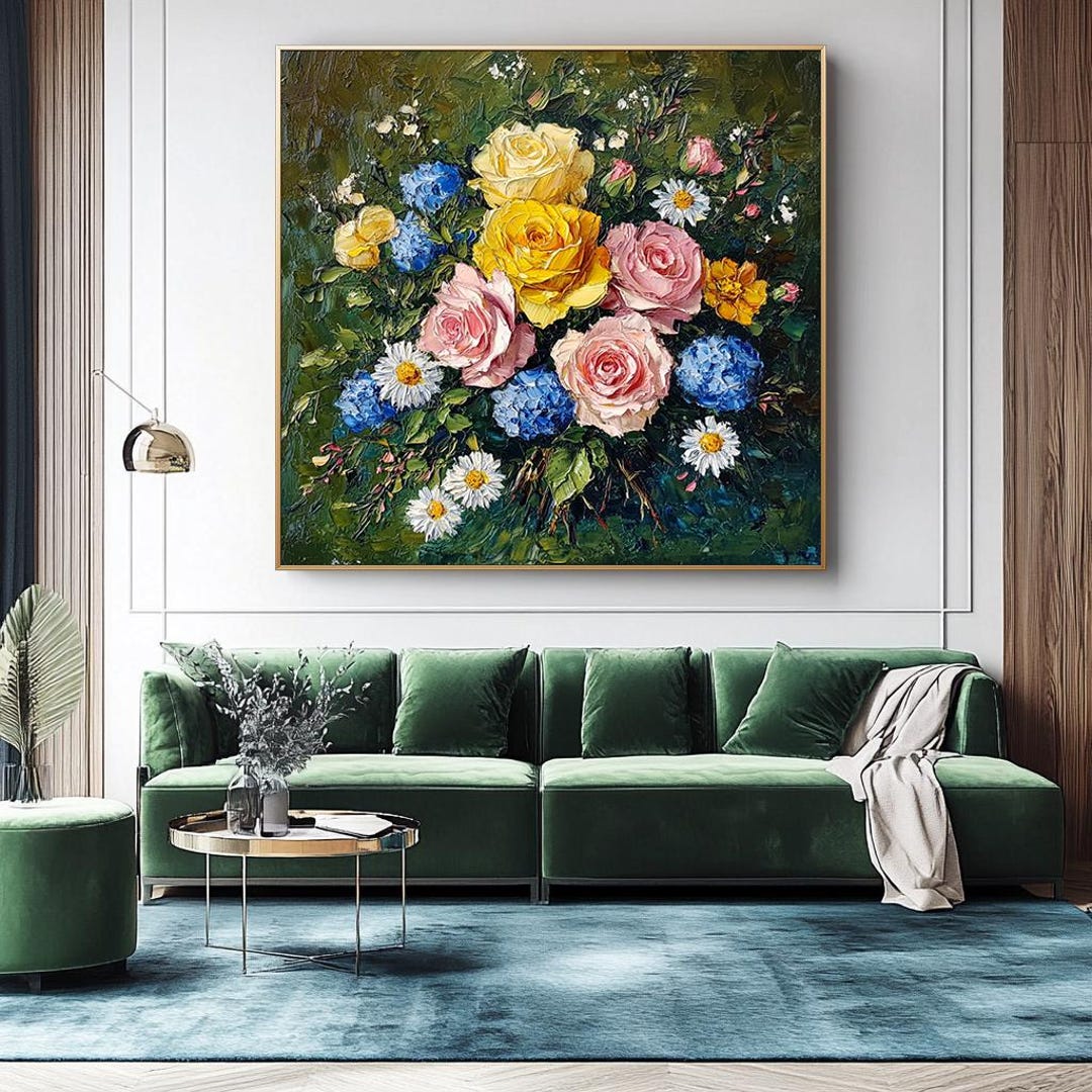 Large Rose Oil Painting on Canvas: Abstract Yellow and Blue Floral ...