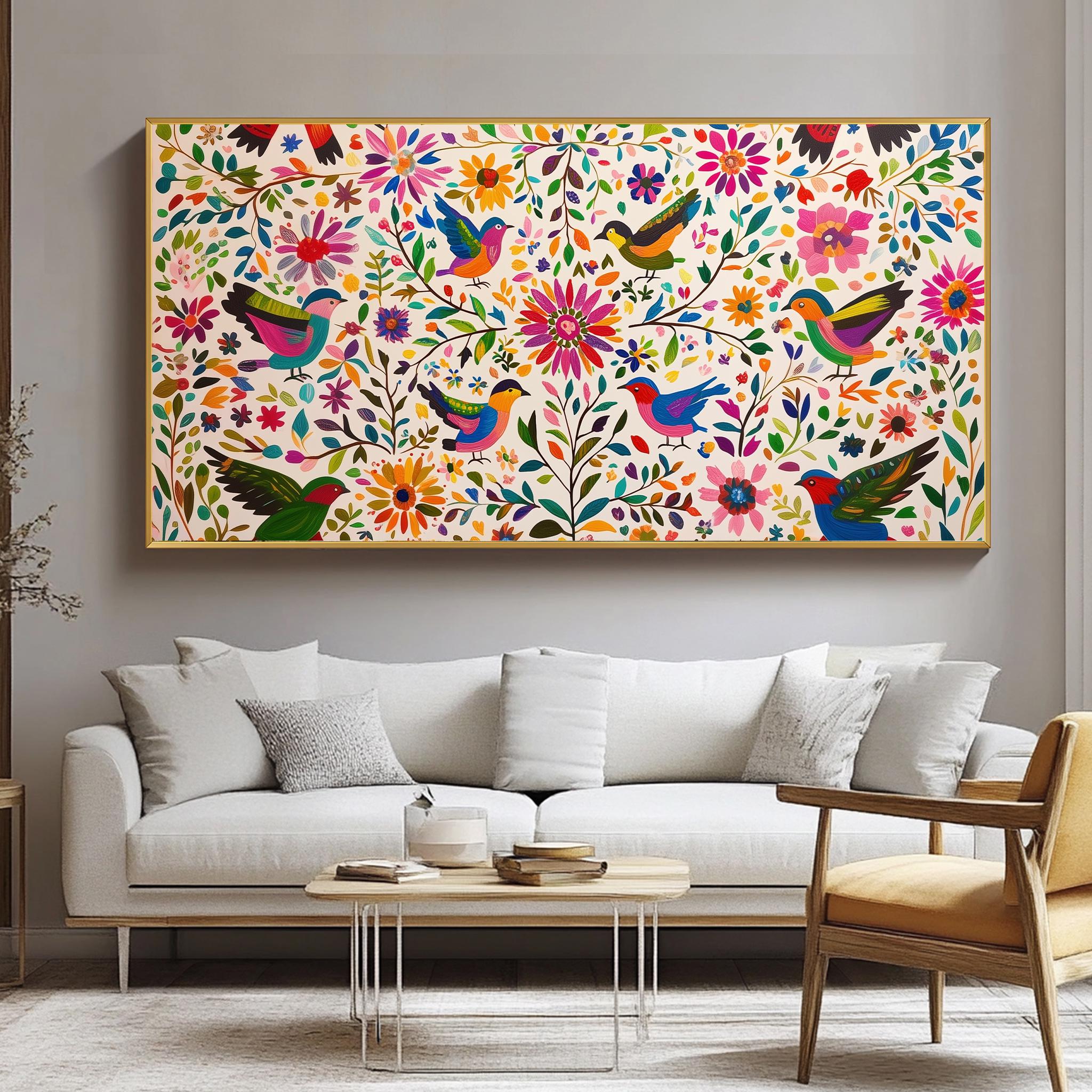 Folk Art Floral Bird Oil Painting on Canvas, Vibrant Color Folk ...